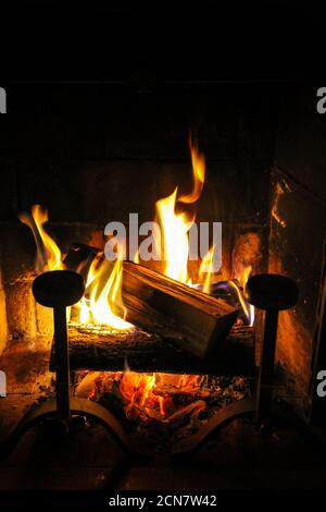 Fireplace close-up interior view at night. Abstract background ...