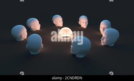 artificial human heads around the light sphere Stock Photo - Alamy