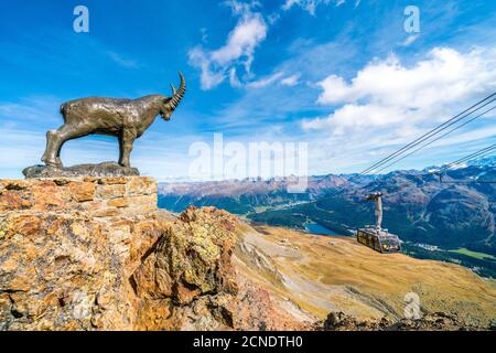 Overhead cable car to Piz Nair, ski area Corviglia, St. Moritz, Engadin ...