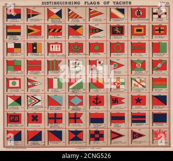 YACHT FLAGS Blue & Yellow. Blue & Turquoise 1896 old antique print ...