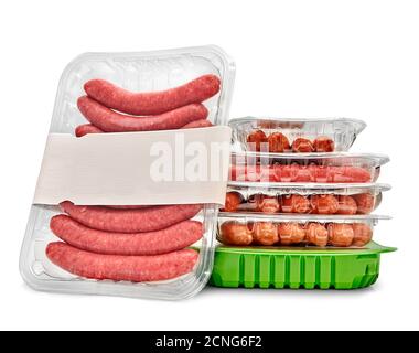 Raw sausages in packages on shelves in a retail store Stock Photo - Alamy