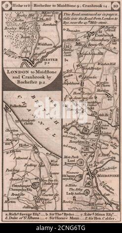 Hythe-Folkestone. Rochester-Maidstone-Cranbrook road strip map PATERSON ...