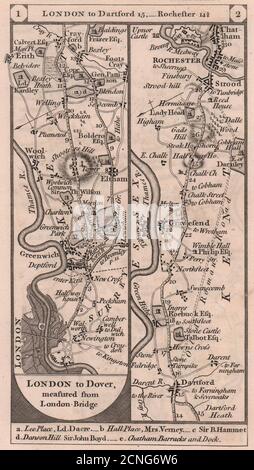 Dover. London - Greenwich road strip map PATERSON 1785 old antique ...
