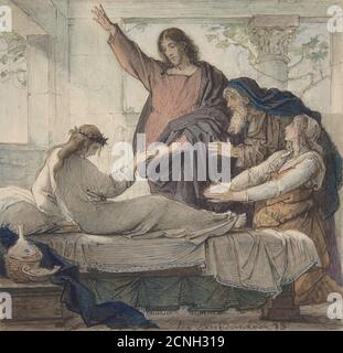 Jairus' Daughter raised by Jesus and a sick woman healed, scene of the ...