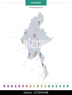 Location of Myanmar on the world map, marked with Myanmar flag pin. Cartographic vector ...