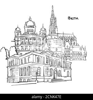 Bern, Switzerland famous landmark sketch. Lineart drawing by hand ...