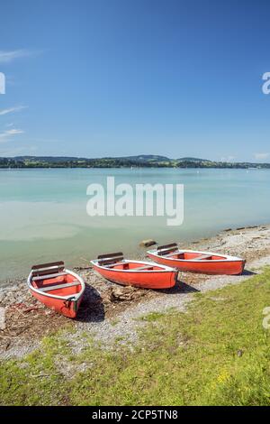 Boats on Forggensee, Schwangau, near Füssen, Ostallgäu, Allgäu, Swabia ...