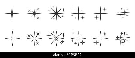 Black line and silhouette symbols sparkles icon set. Outline decorative twinkle sparkle lights ...