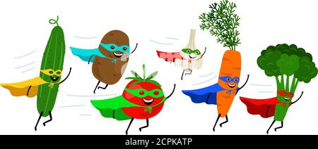 Vegetables super heroes, vector broccoli, squash and avocado ...