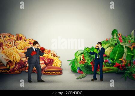 Vegetarian food fighting unhealthy junk food with boxing gloves ...