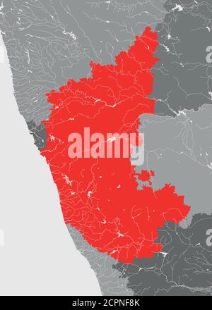 India states - map of Karnataka. Hand made. Rivers and lakes are shown ...