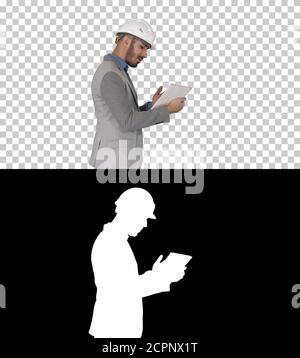 The hipster engineer making video call with tablet showing result of ...