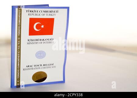 Car key and Turkish registration licence on isolated background close ...