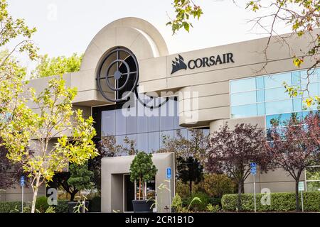 Corsair logo and sign at headquarters of computer hardware company ...