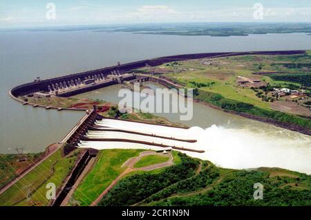 The lake at the parana river in Itaipu dam park at the brazilian border ...