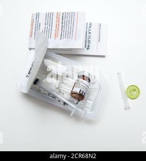 Prostate cancer chemotherapy drug. Intravenous drip bag and hospital ...