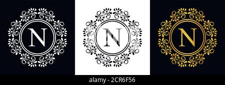 letter N. Vintage black flower ornament initial letters. Alphabet. Logo ...