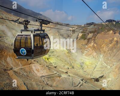 Hakone Ropeway, Japanese cable car travelling across Owakudani Valley ...