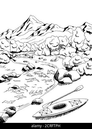 Kayak boat travel graphic black white river top aerial view landscape ...