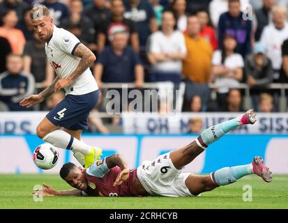 Tottenham Hotspurs Toby Alderweirald tussles with Aston Villas Wesley ...