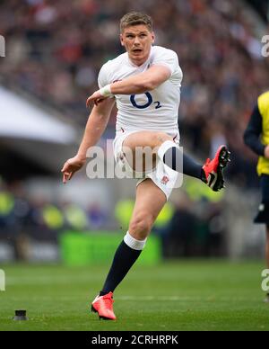 England's Owen Farrell kicks a conversion during the NatWest 6 Nations ...