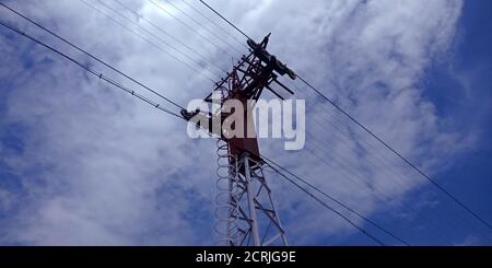 Ropeway tower presentation on river side hill station in blue sky ...