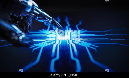 Digitalization Concept: Futuristic Robot Arms, Finger Touches Screen ...