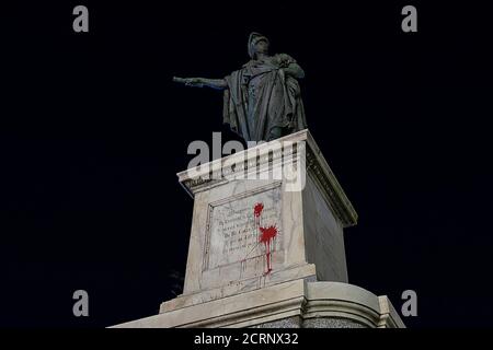 Cagliari, Sardinia, Italy - September 18 2020: Vandalized bronze statue ...