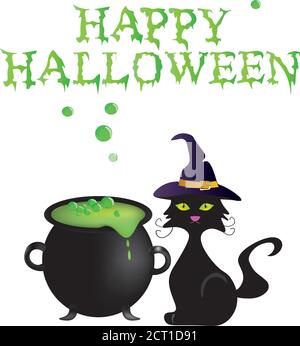 Happy Halloween cartoon greeting card with cute baby witch girl on ...