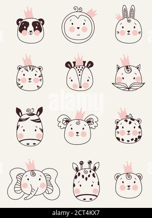 Scandinavian animals. Cute rabbit, elephant, turtle, tiger, owl ...