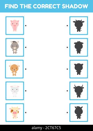 Matching Farm animal shadow worksheet illustration Stock Vector Image ...