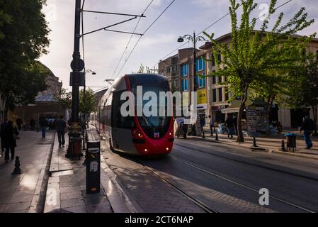 Istanbul public tram system - T1 tram line Sultanahmet Square passing ...