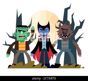 Halloween frankenstein and werewolf cartoons design, Holiday and scary ...