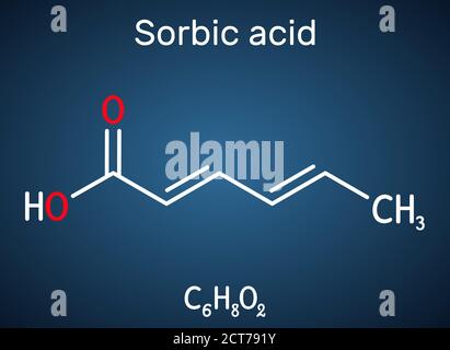 Sorbic acid, 2,4-hexadienoic acid, E200 molecule. It is hexadienoic and ...