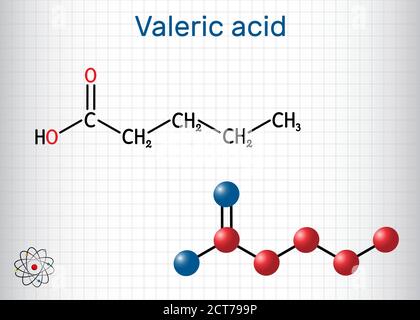 Valeric acid, pentanoic acid or valerate molecule. Structural chemical ...