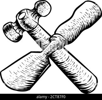 Half Round chisel in woodcut drawing style. Woodworking tool vector ...