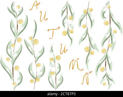 Watercolor autumn floral composition with berries, fall leaves, dahlia ...
