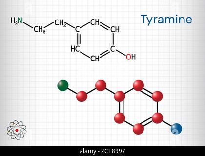Tyramine, tyramin molecule. It is monoamine compound derived from ...