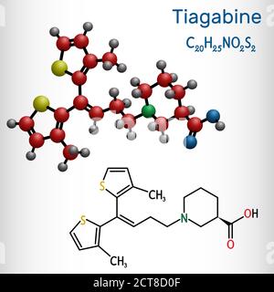 Tiagabine, C20H25NO2S2 molecule. It is anticonvulsant medication, is ...