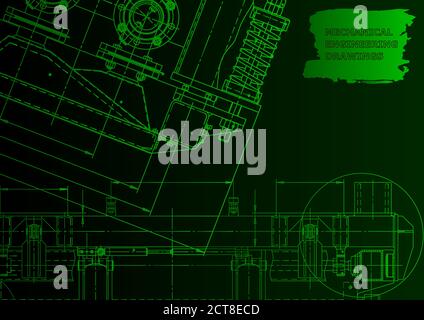 Machine-building industry. Green neon. Mechanical engineering drawing ...