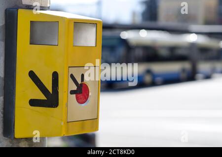 Push Button for Crossing the Street with a Bus Stock Photo - Alamy