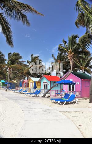 Colorful cabanas and lounge chairs on the beach in Princess Cays Stock ...
