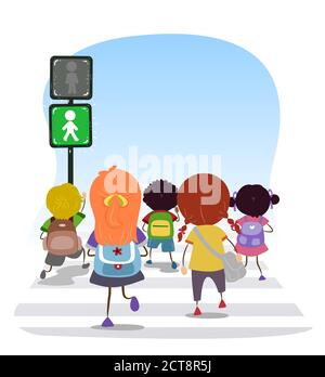 Illustration of Stickman Kids Students Crossing the Street with Help ...