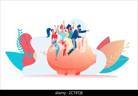 businessman sit on piggy bank and pile coins money isometric Stock ...