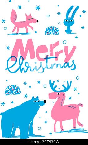 Forest poster with cute bear, fox, hedgehog, birds, bees, butterflies ...