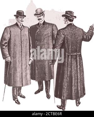 1900s fashion style, man in vintage suit, coat and cylinder with cane ...