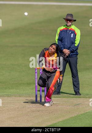 Anisha Patel bowling for Central Sparks against Lightning in a Rachael ...