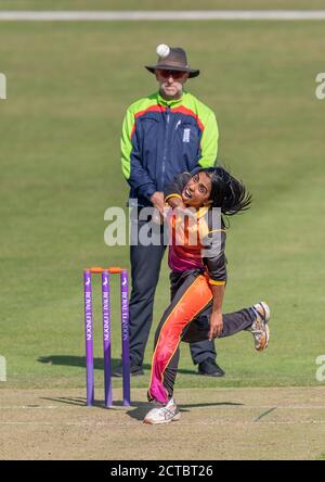 Anisha Patel bowling for Central Sparks against Lightning in a Rachael ...