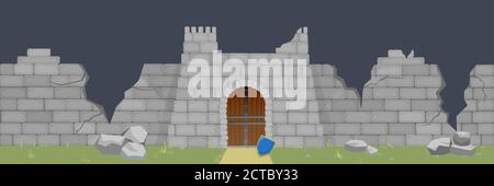 Cartoon broken medieval castle or city wall ruins after war. Abandoned ...