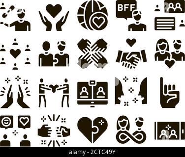 Friendship black glyph icons set on white space. Emotional affection ...